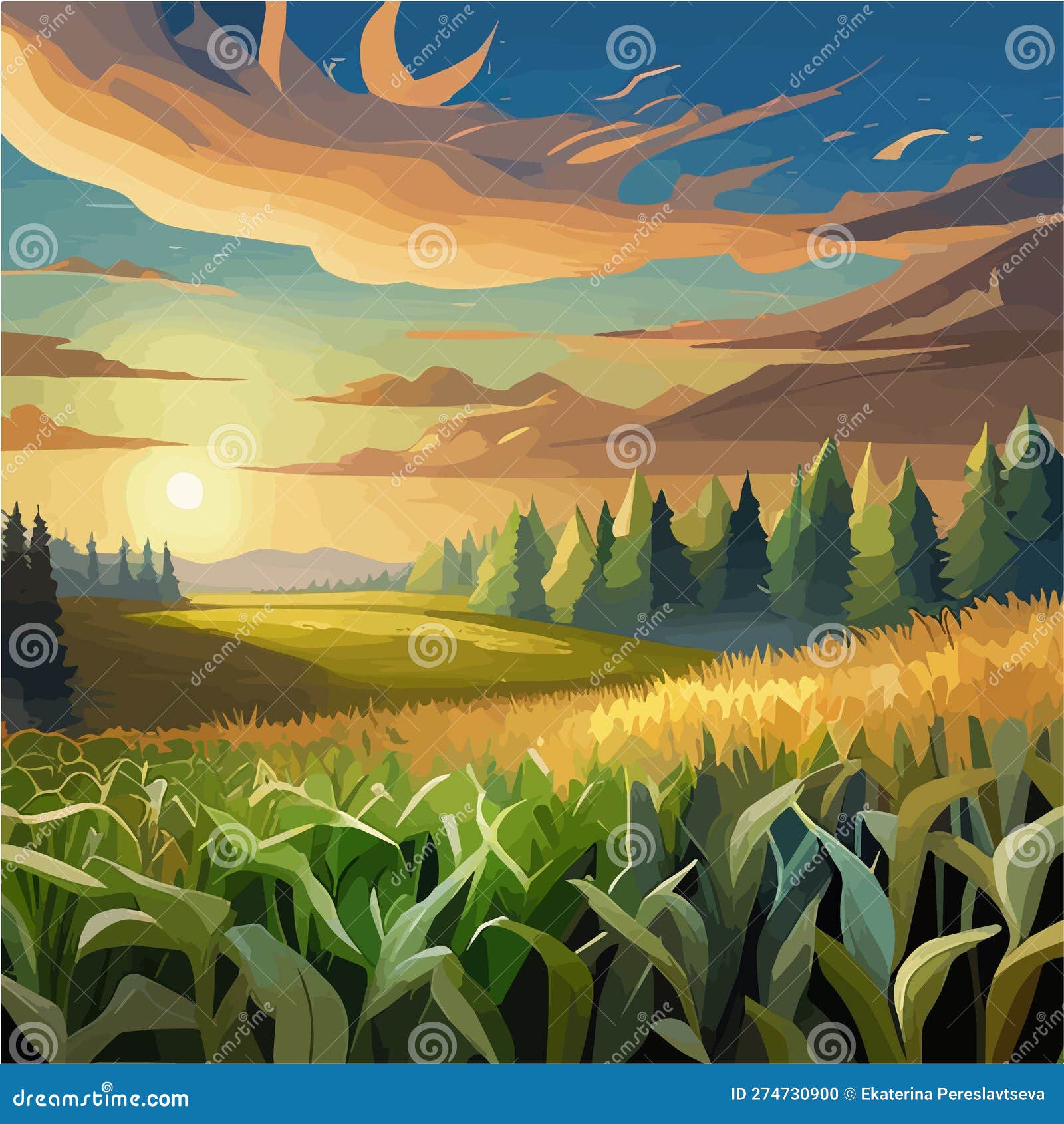 Cornfield Landscape Vector Illustration Cartoon Landscape with Tall ...