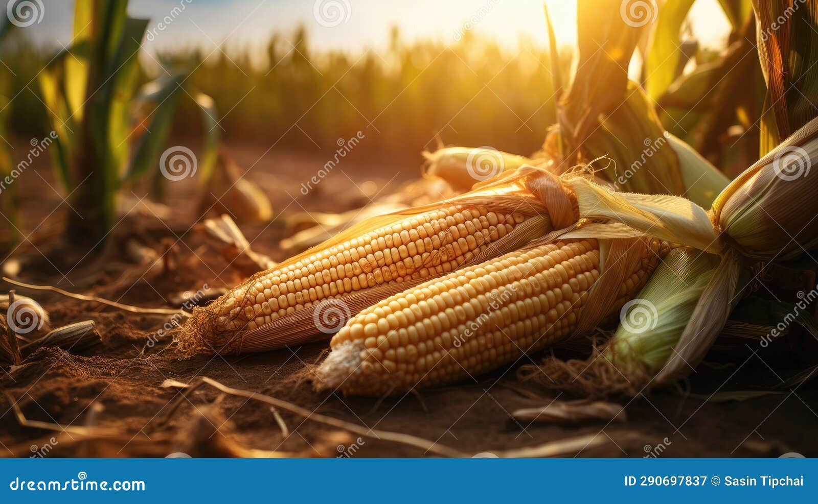 Cornfield with Mature Corn Cobs Lying on the Ground Stock Illustration ...