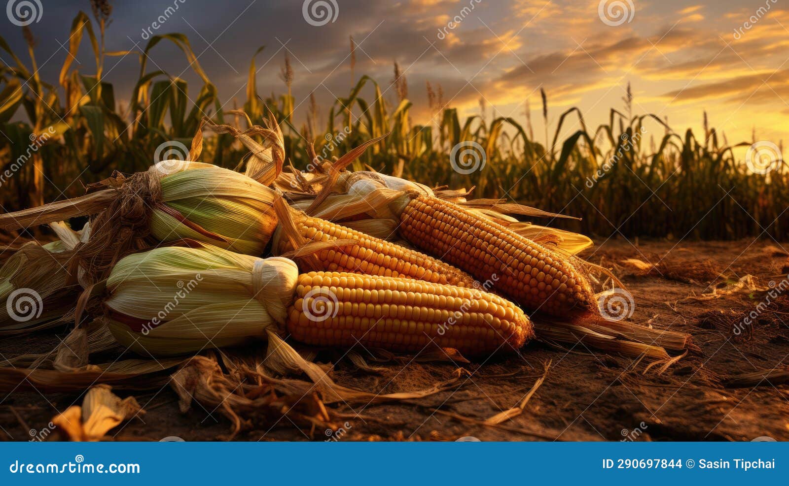 Cornfield with Mature Corn Cobs Lying on the Ground Stock Illustration ...