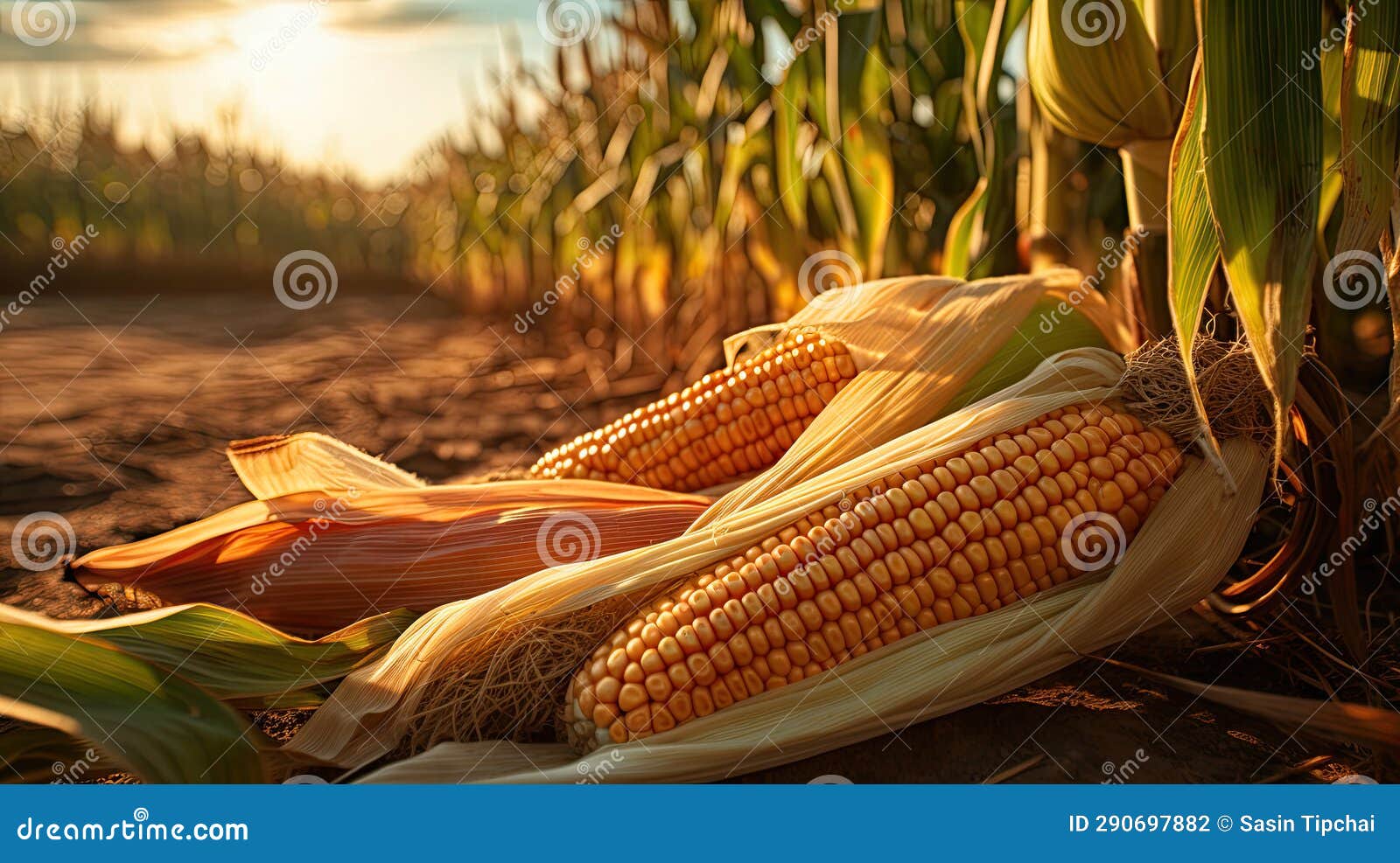 Cornfield with Mature Corn Cobs Lying on the Ground Stock Illustration ...