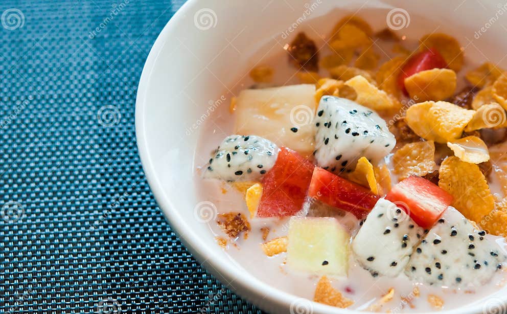 The Cornflake with Fruit and Milk Stock Photo - Image of nutrition ...