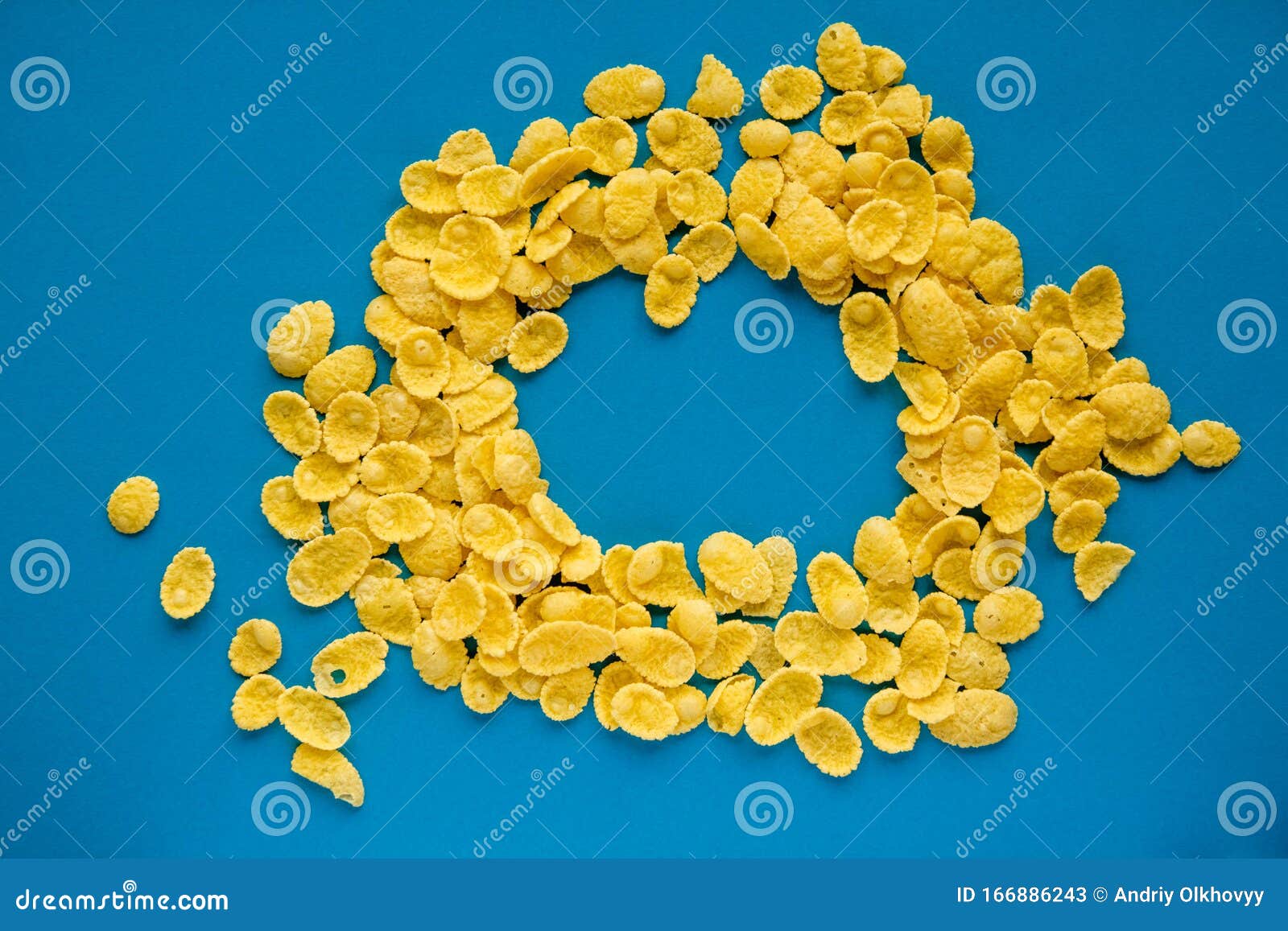 Cornflakes on Blue Background. Top View Stock Image - Image of closeup ...