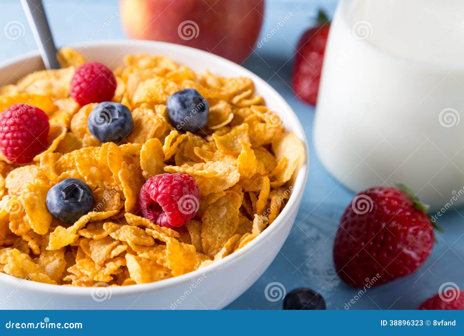Cornflakes in a Bowl with Milk and Fruits Stock Image - Image of flakes ...