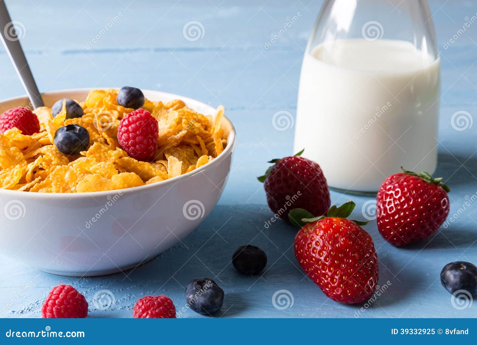 Cornflakes in a Bowl with Milk and Fruits Stock Image - Image of carafe ...