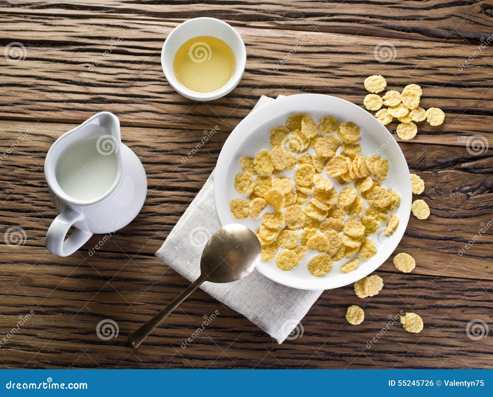 Cornflakes Cereal and Milk. Stock Photo - Image of table, closeup: 55245726