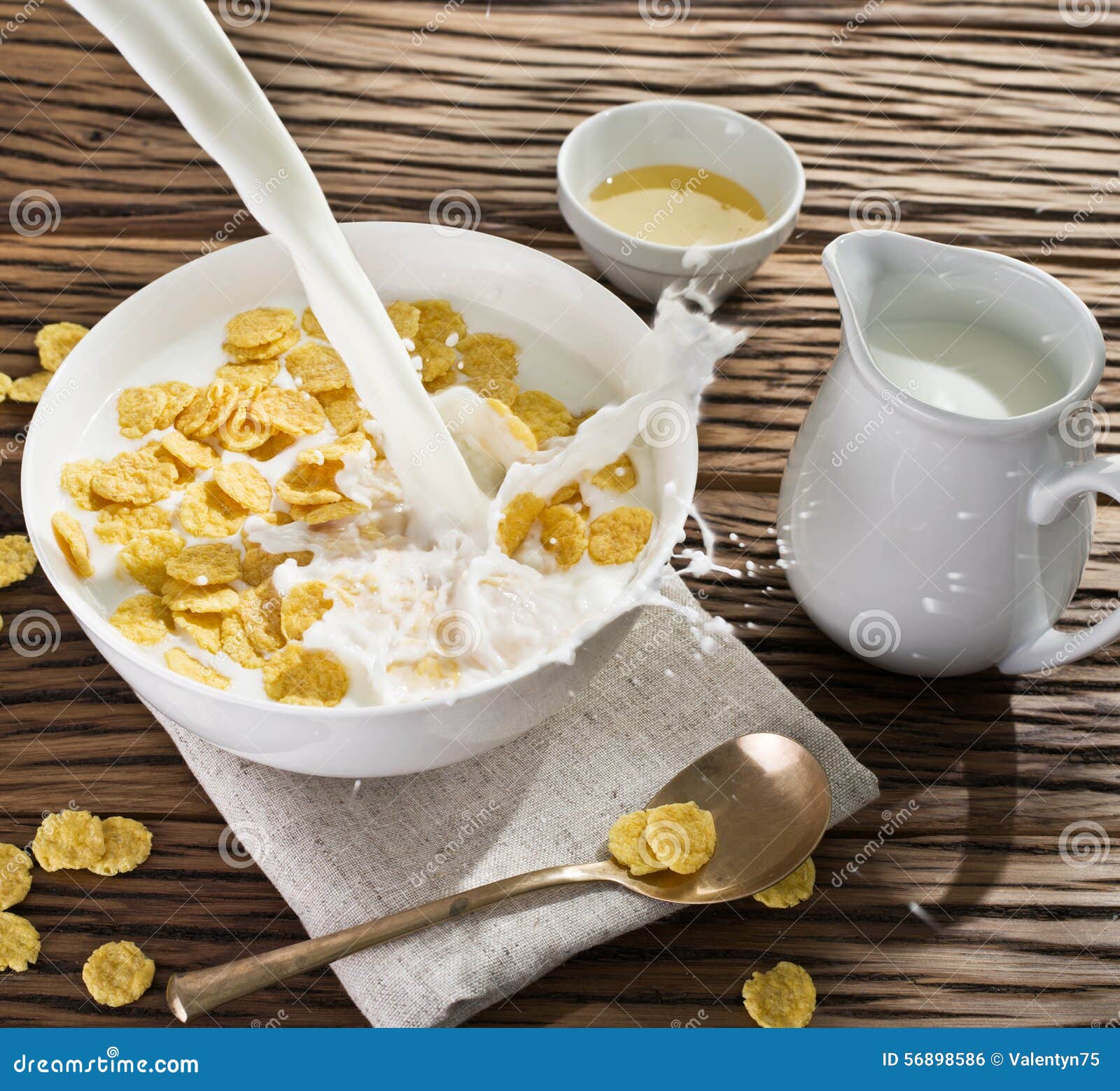 Cornflakes Cereal and Milk. Stock Photo - Image of silver, table: 56898586