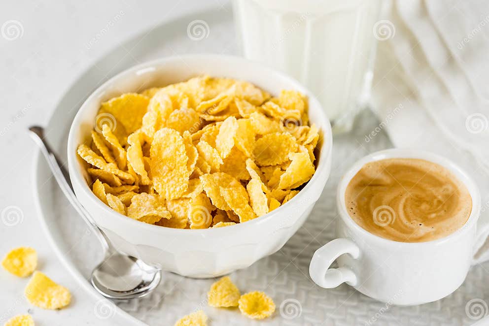 Cornflakes, Milk and Coffee Stock Photo - Image of calorie, dairy ...