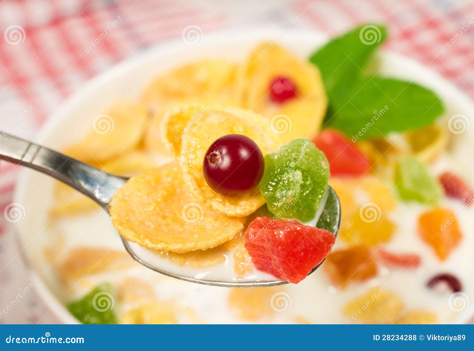 Cornflakes with Milk, Fruit and Berries Stock Photo - Image of close ...