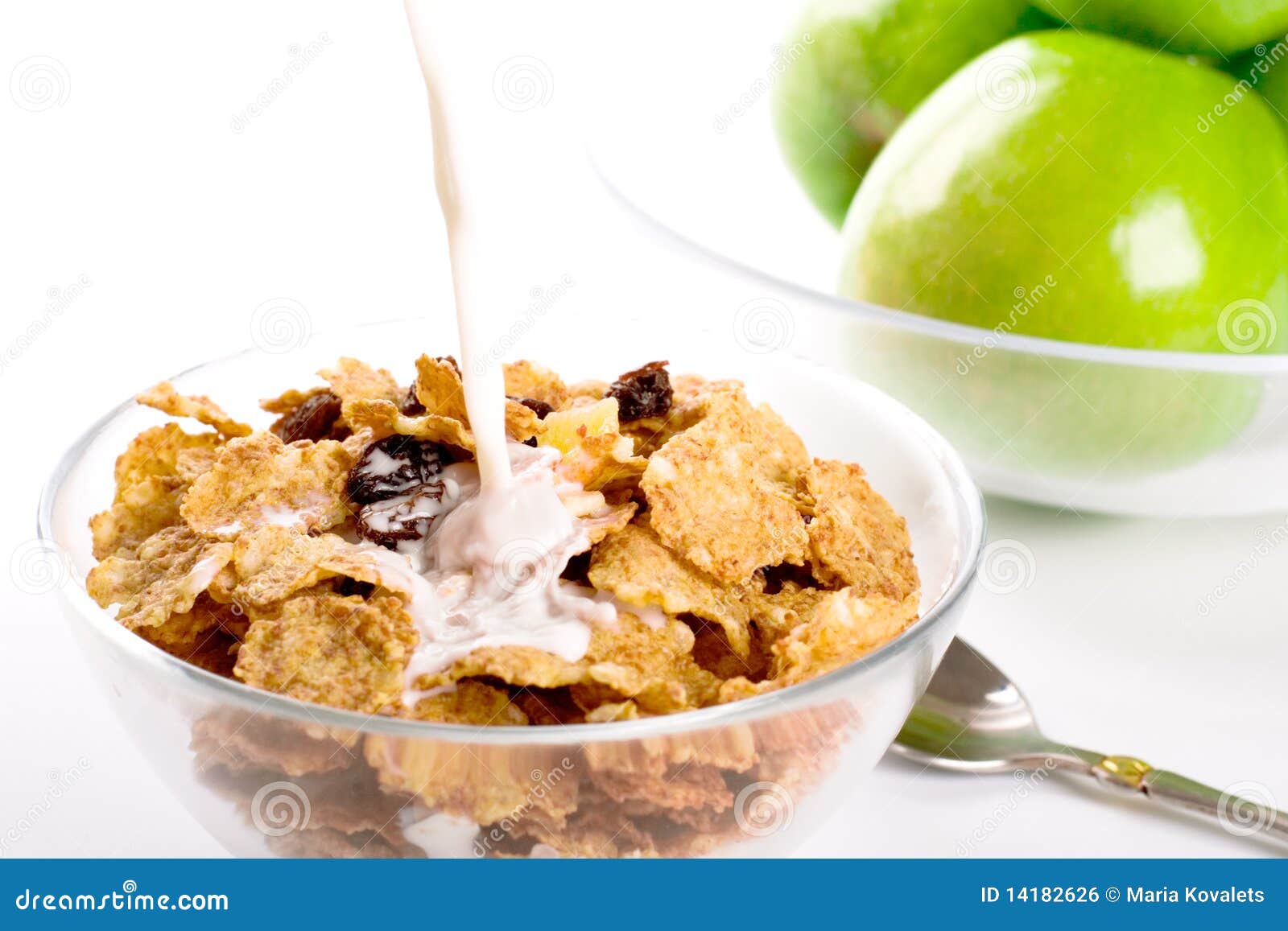 Cornflakes with Milk and Green Apples Stock Photo - Image of cornflakes ...