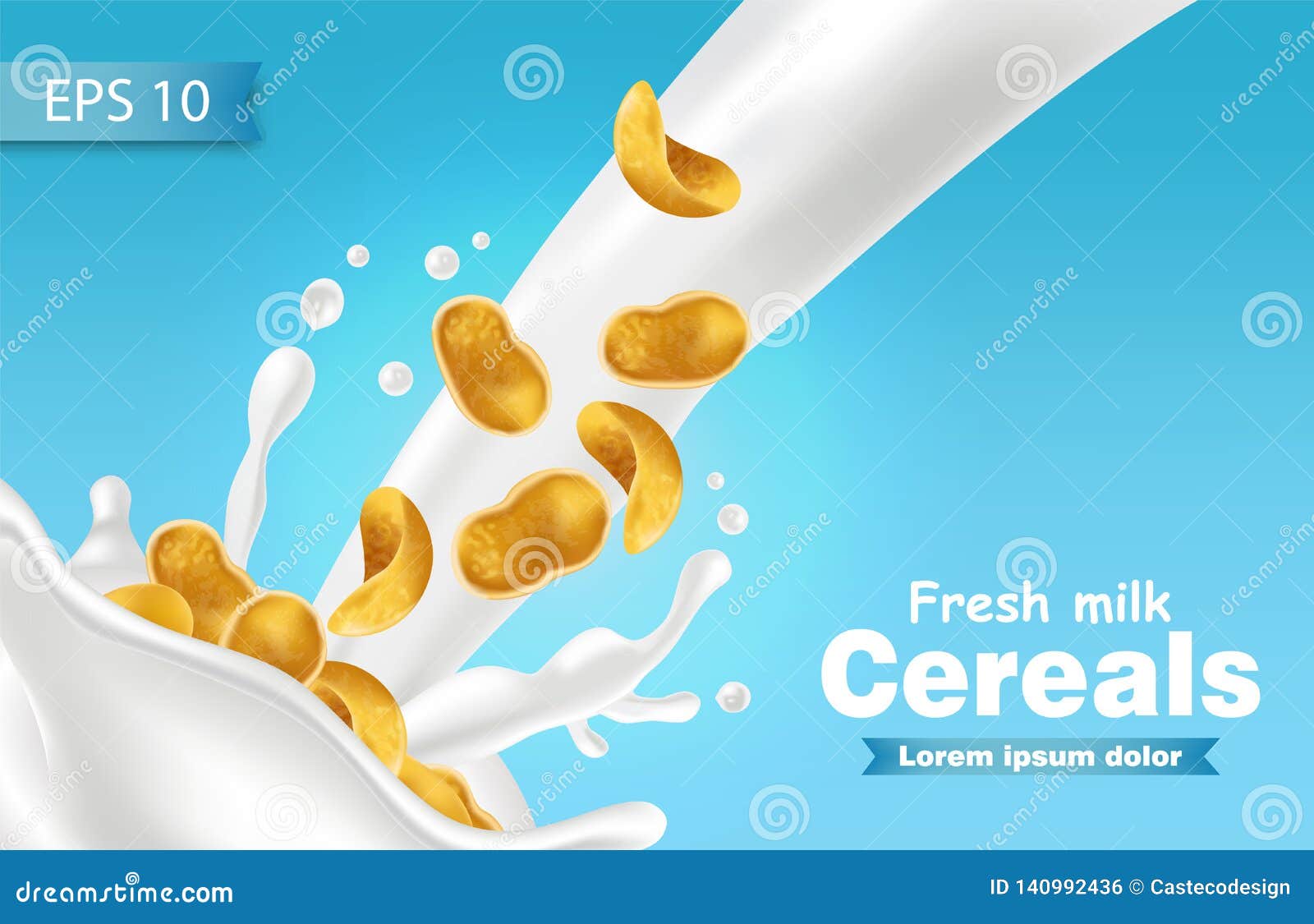 Cornflakes in Milk Splash Vector Realistic Mock Up. Package Label ...