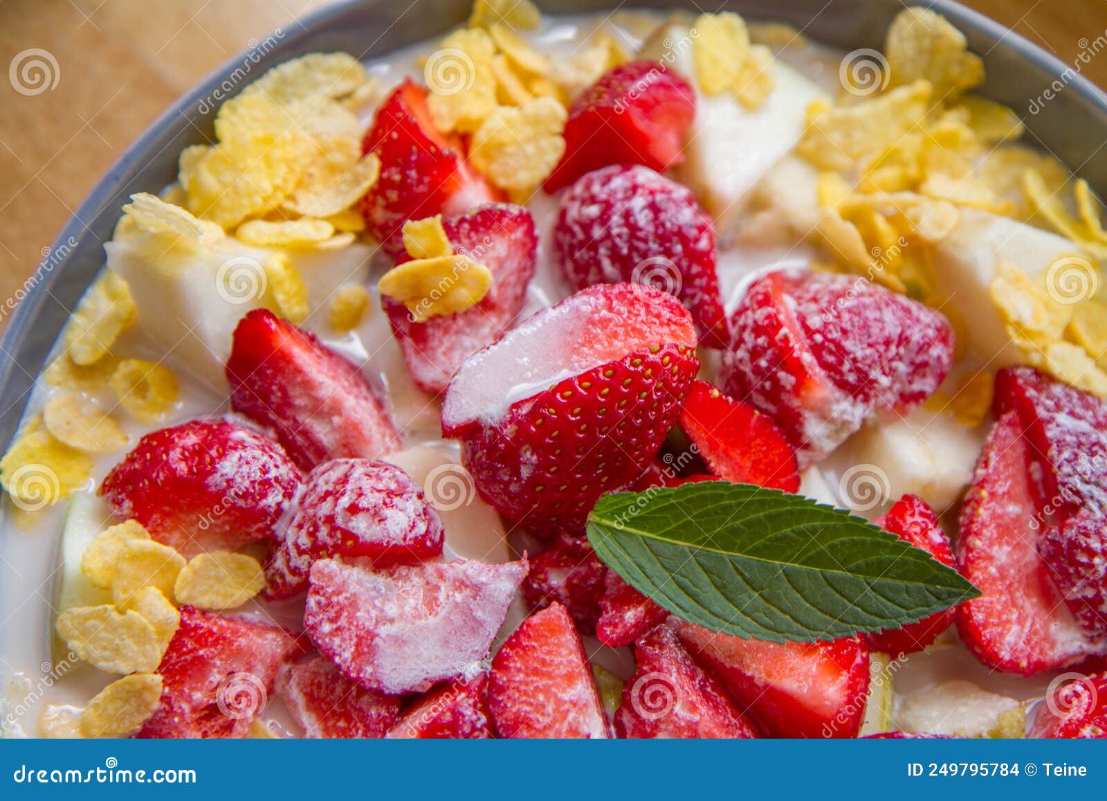 Cornflakes with Oat Milk and Fruit Stock Photo - Image of juicy, cereal ...