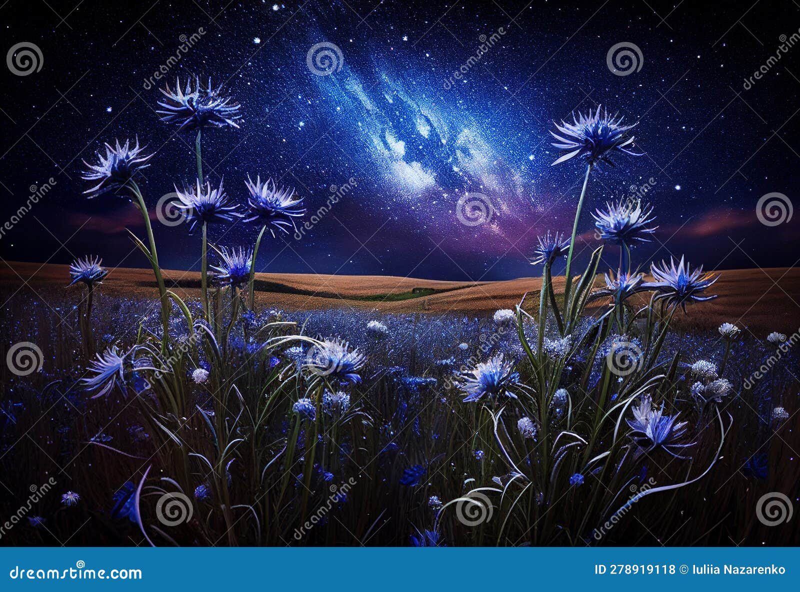 Cornflower Field Under the Starry Sky. AI Generated Stock Photo - Image ...