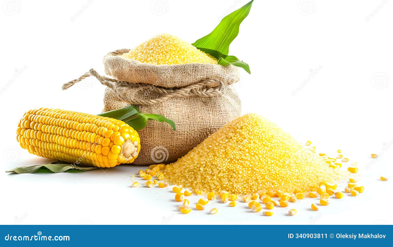 Cornmeal in Canvas Bag and Corncob with Leaves Isolated on White ...