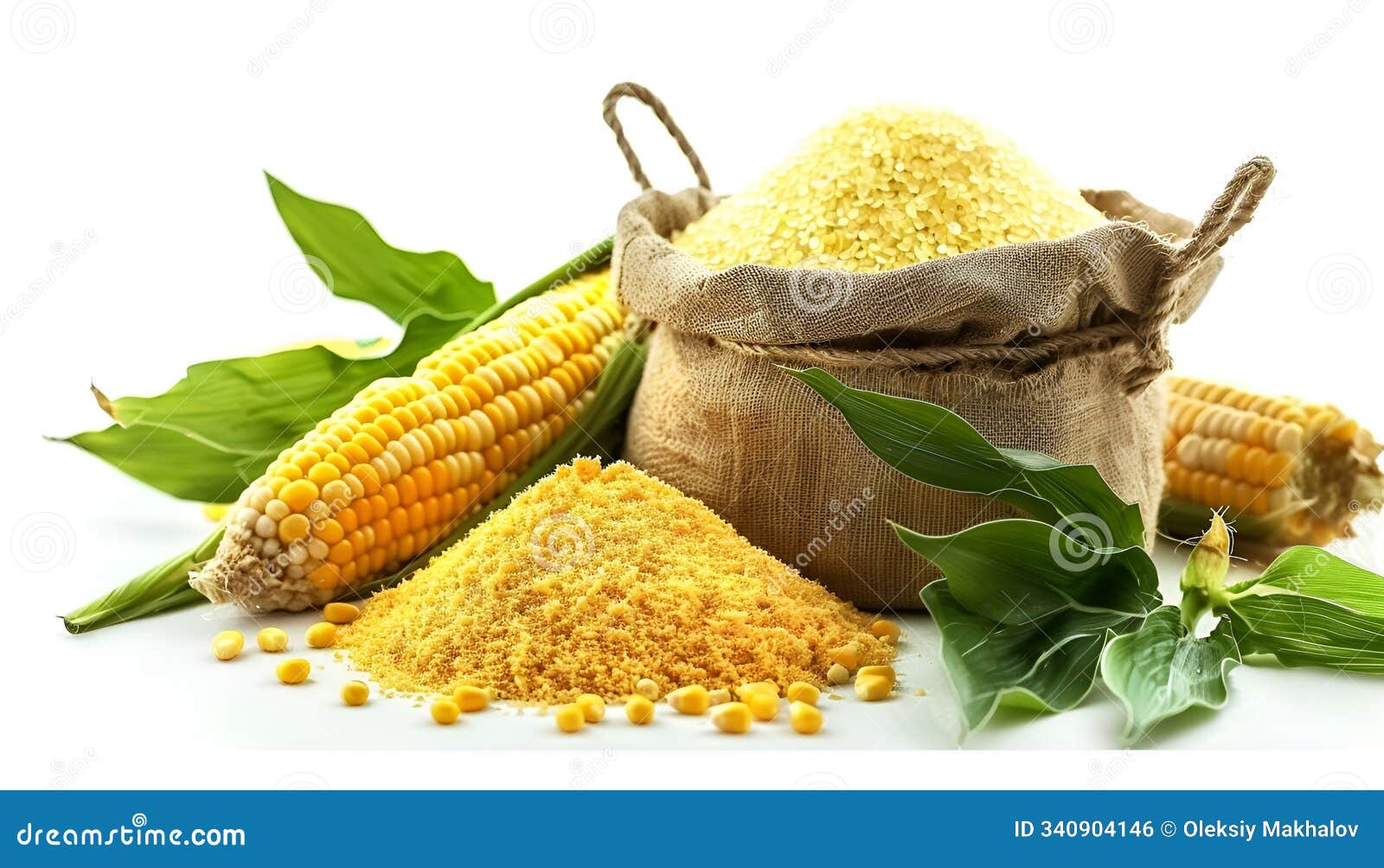 Cornmeal in Canvas Bag and Corncob with Leaves Isolated on White ...