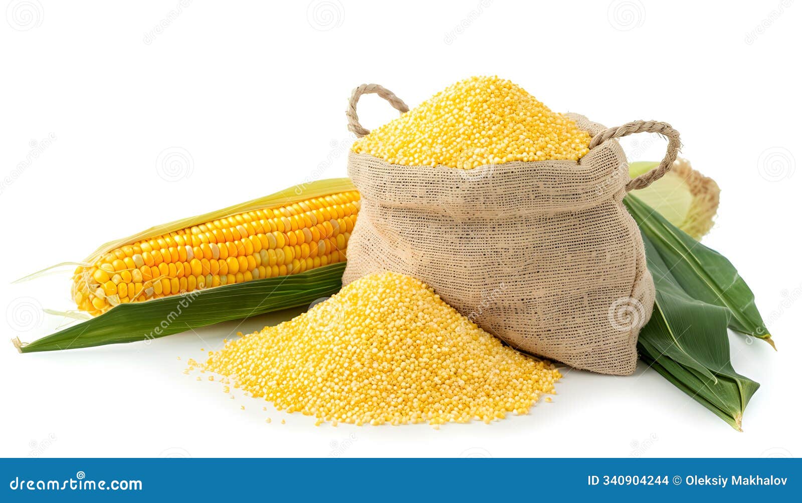 Cornmeal in Canvas Bag and Corncob with Leaves Isolated on White ...