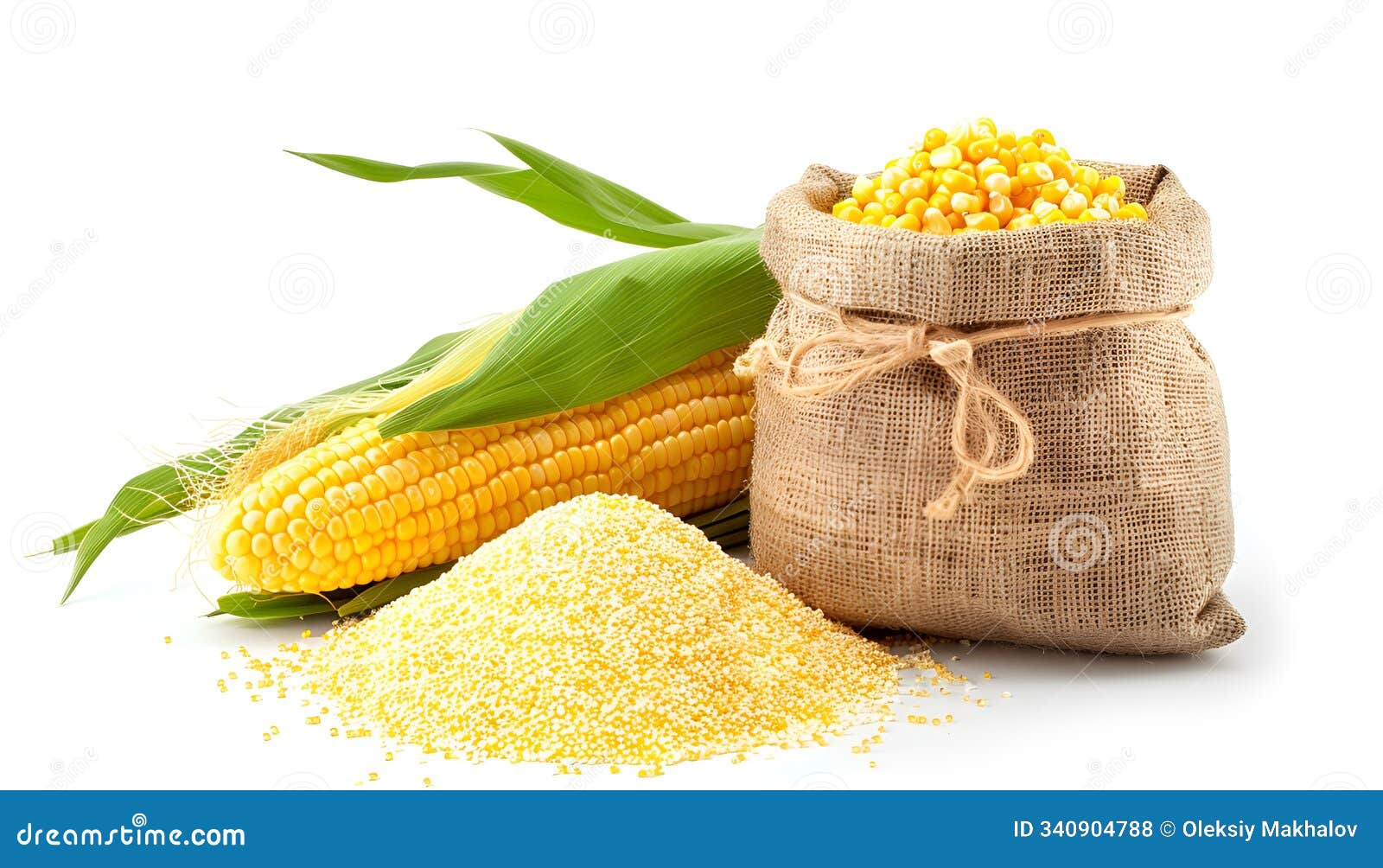 Cornmeal in Canvas Bag and Corncob with Leaves Isolated on White ...