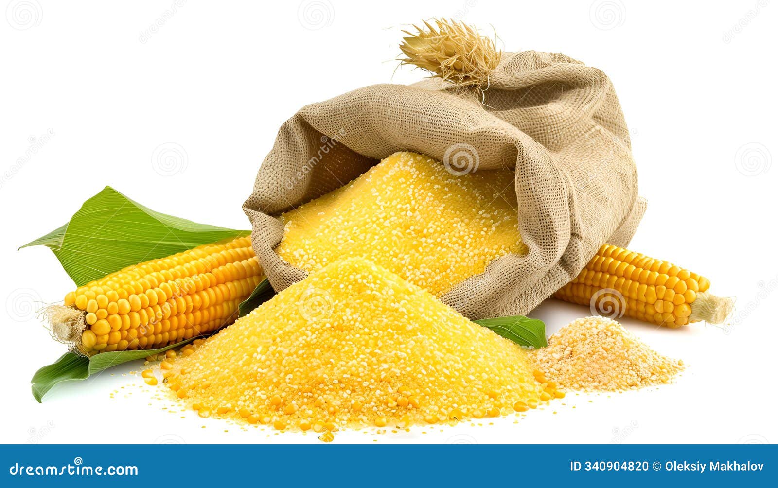 Cornmeal in Canvas Bag and Corncob with Leaves Isolated on White ...