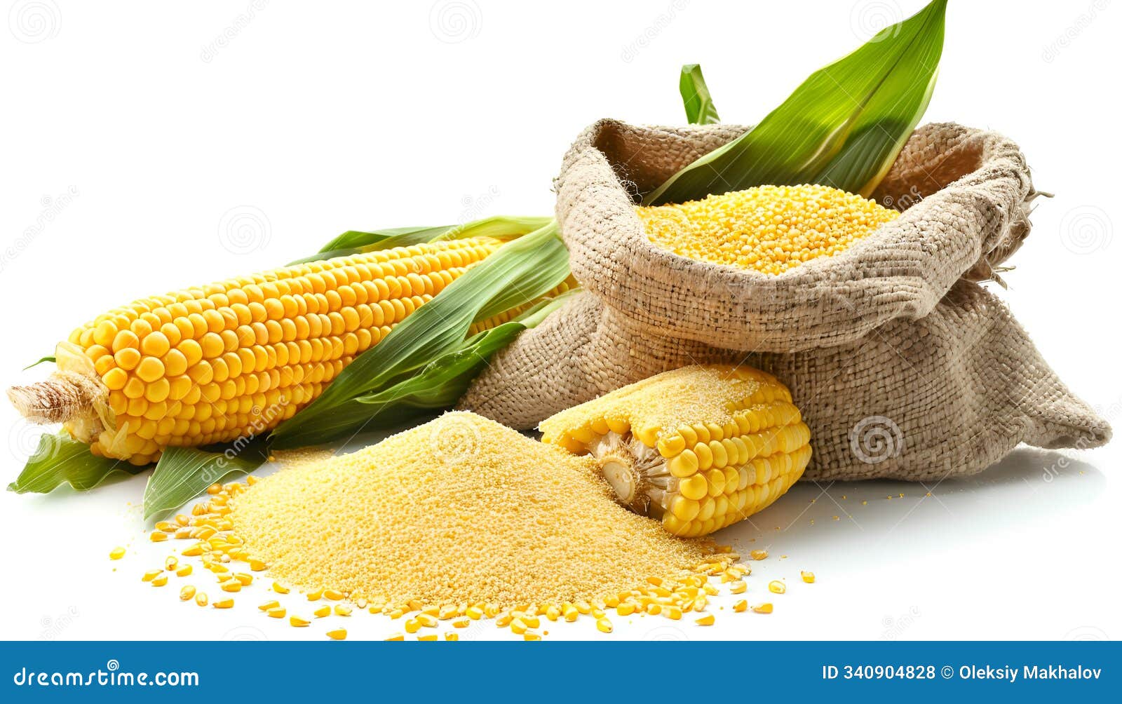 Cornmeal in Canvas Bag and Corncob with Leaves Isolated on White ...