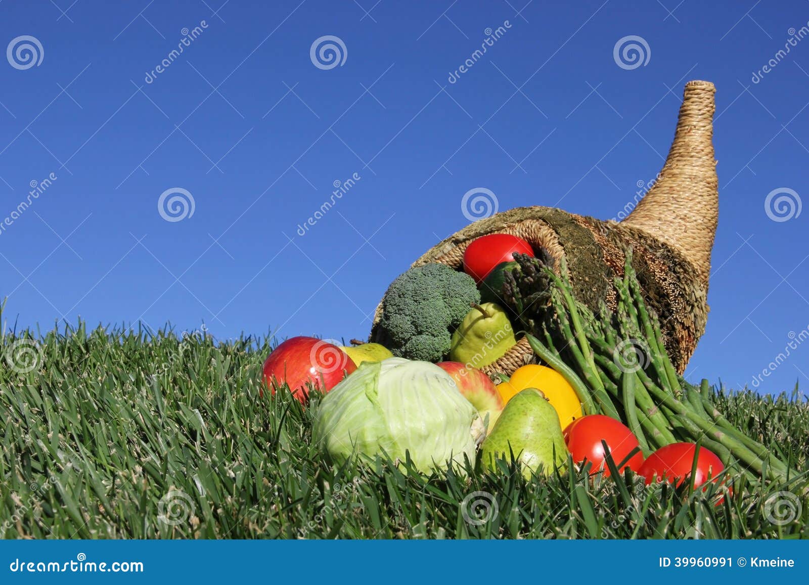 Cornucopia Filled with Fruit and Vegetables Against Blue Sky Stock ...