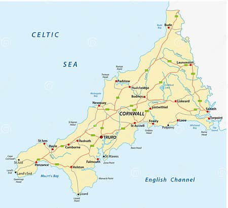 Cornwall road map stock illustration. Illustration of basseterre - 69409329