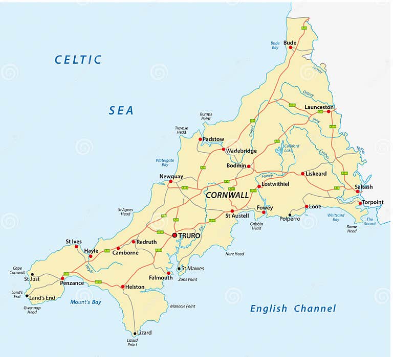 Cornwall road map stock illustration. Illustration of basseterre - 69409329