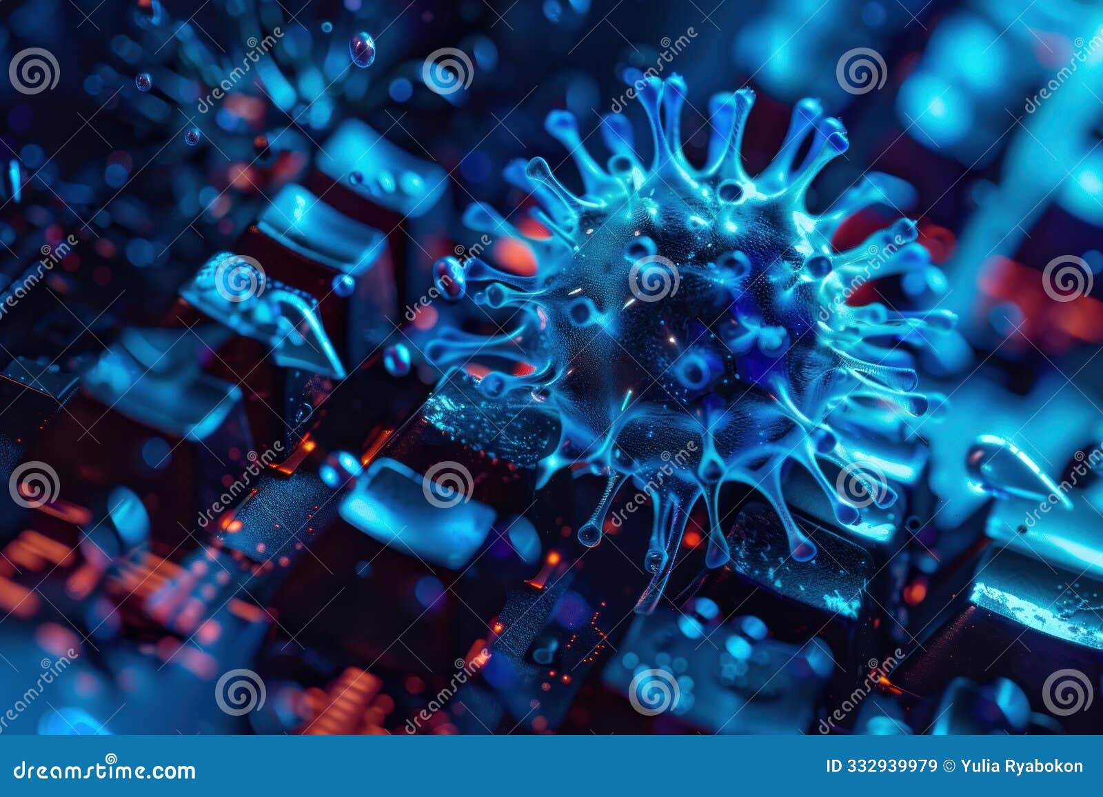 Coronavirus Attacking Computer Keyboard Keys in Blue Light Stock Image ...