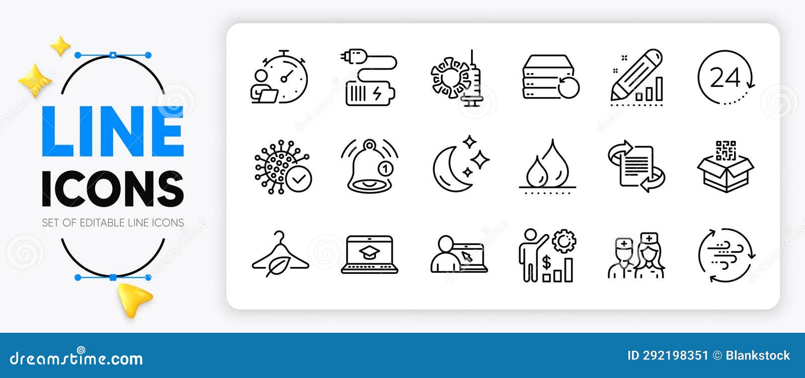 Coronavirus, Battery and Qr Code Line Icons. for Web App. Vector Stock ...