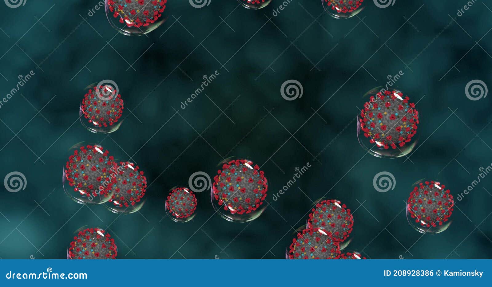 Coronavirus Cells on Blue Background . Small Droplets with Covid-19 ...