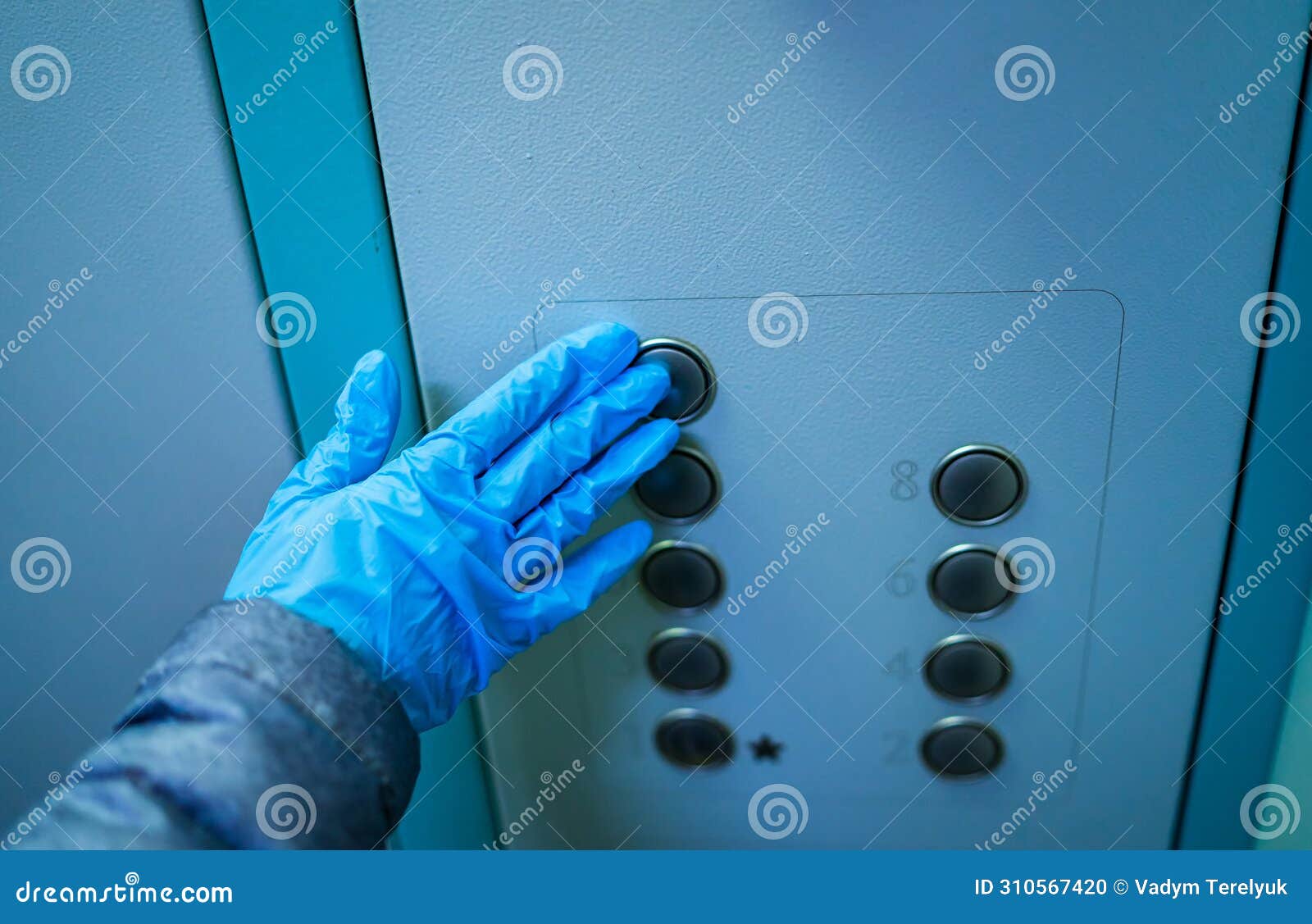 Coronavirus Outbreak. Hand Wearing Rubber Blue Glove Pressing Elevator ...
