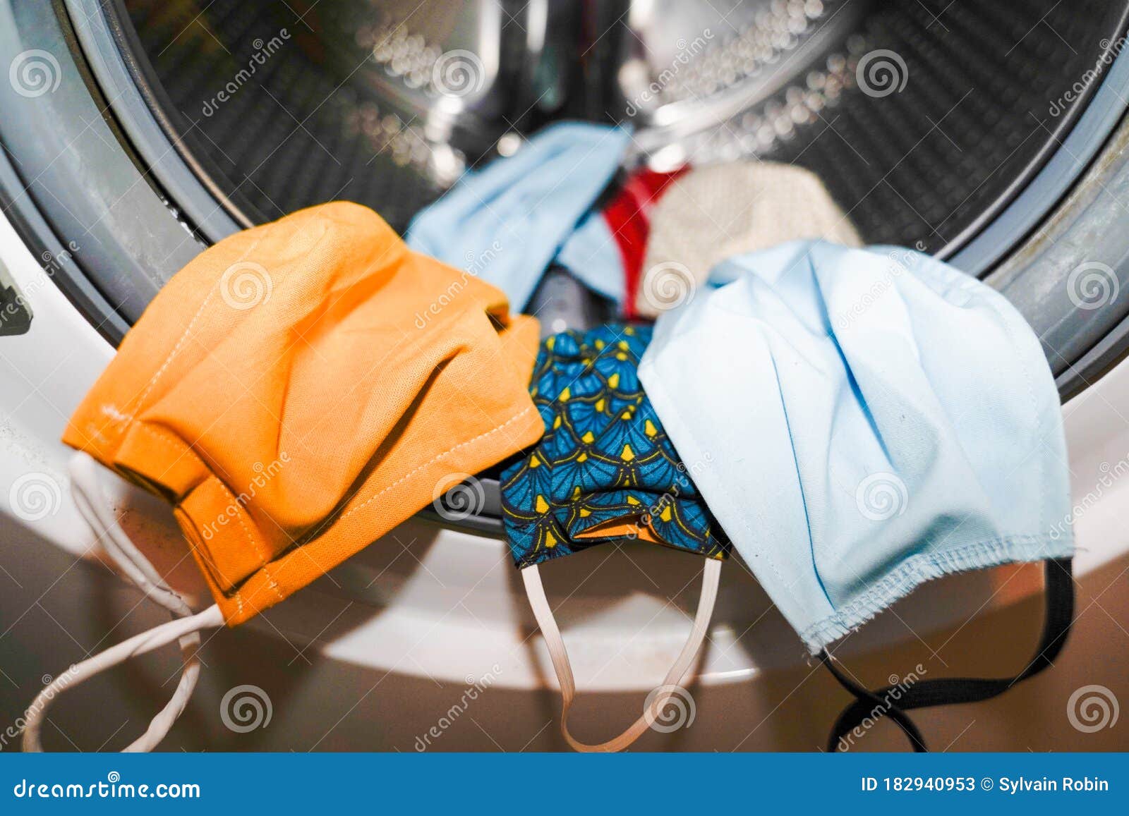 Coronavirus Textile Mask into the Washing Machine Stock Image - Image ...