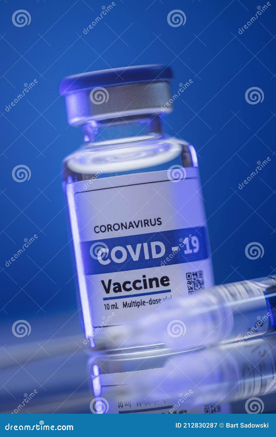 Coronavirus Vile with Syringe on Blue Background Stock Image - Image of ...