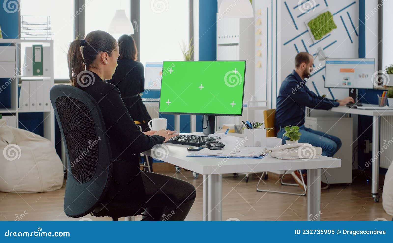 Corporate Employee Using Computer with Horizontal Green Screen Stock ...