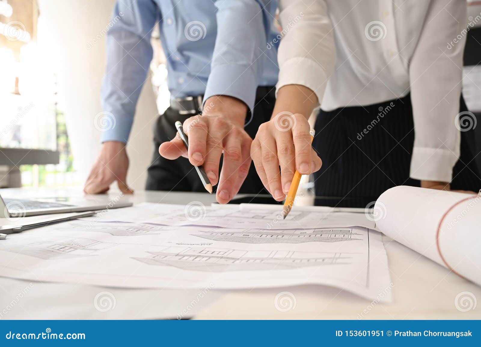 Corporate Engineer Hand Drawing Plan on Blueprint with Architect ...