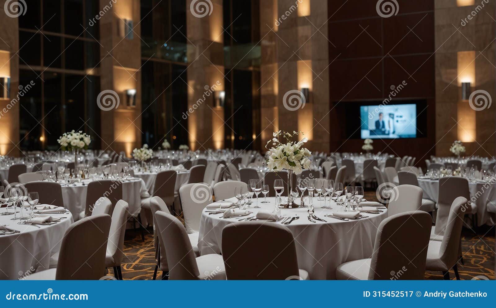 Corporate Event with Set Tables in a Large Hall with a Screen on the ...