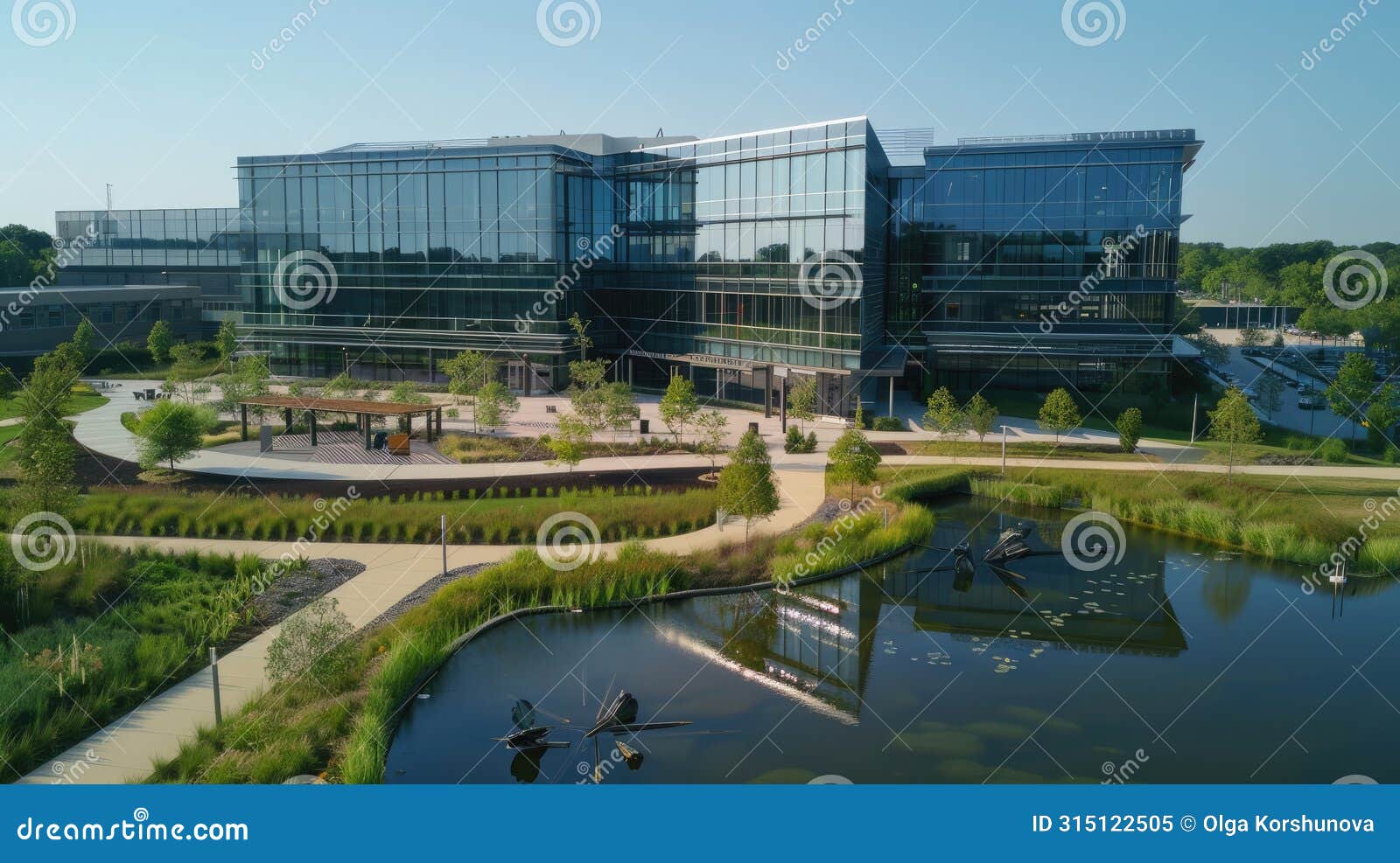 Corporate Headquarters with Reflective Water Features and Greenery ...