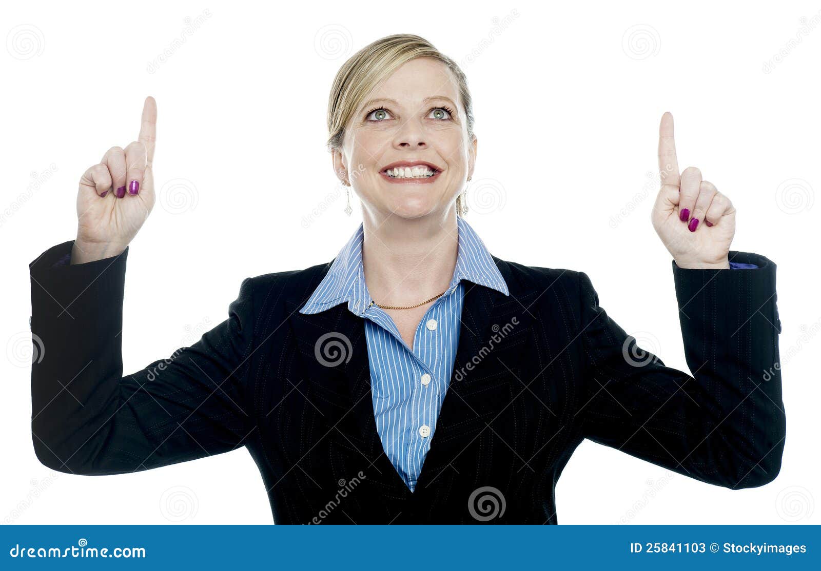Corporate Lady Pointing Upwards with Both Hands Stock Image - Image of ...