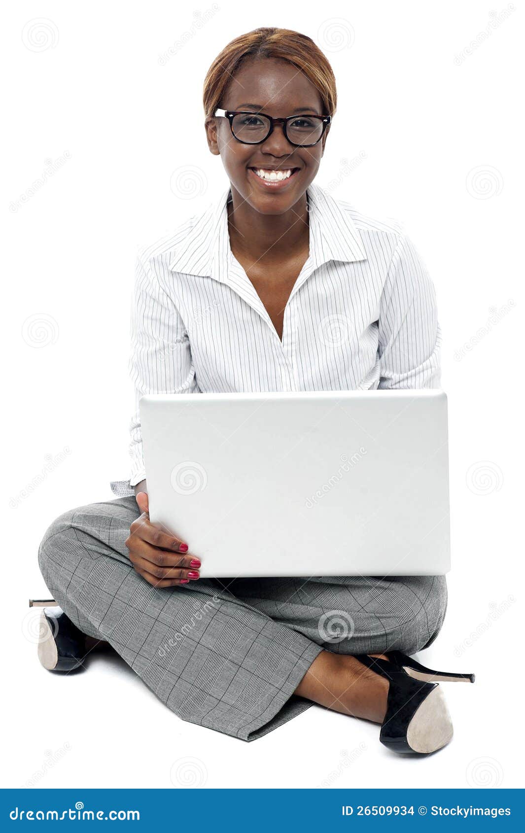 Corporate Lady Seated on Floor Working on Laptop Stock Photo - Image of ...