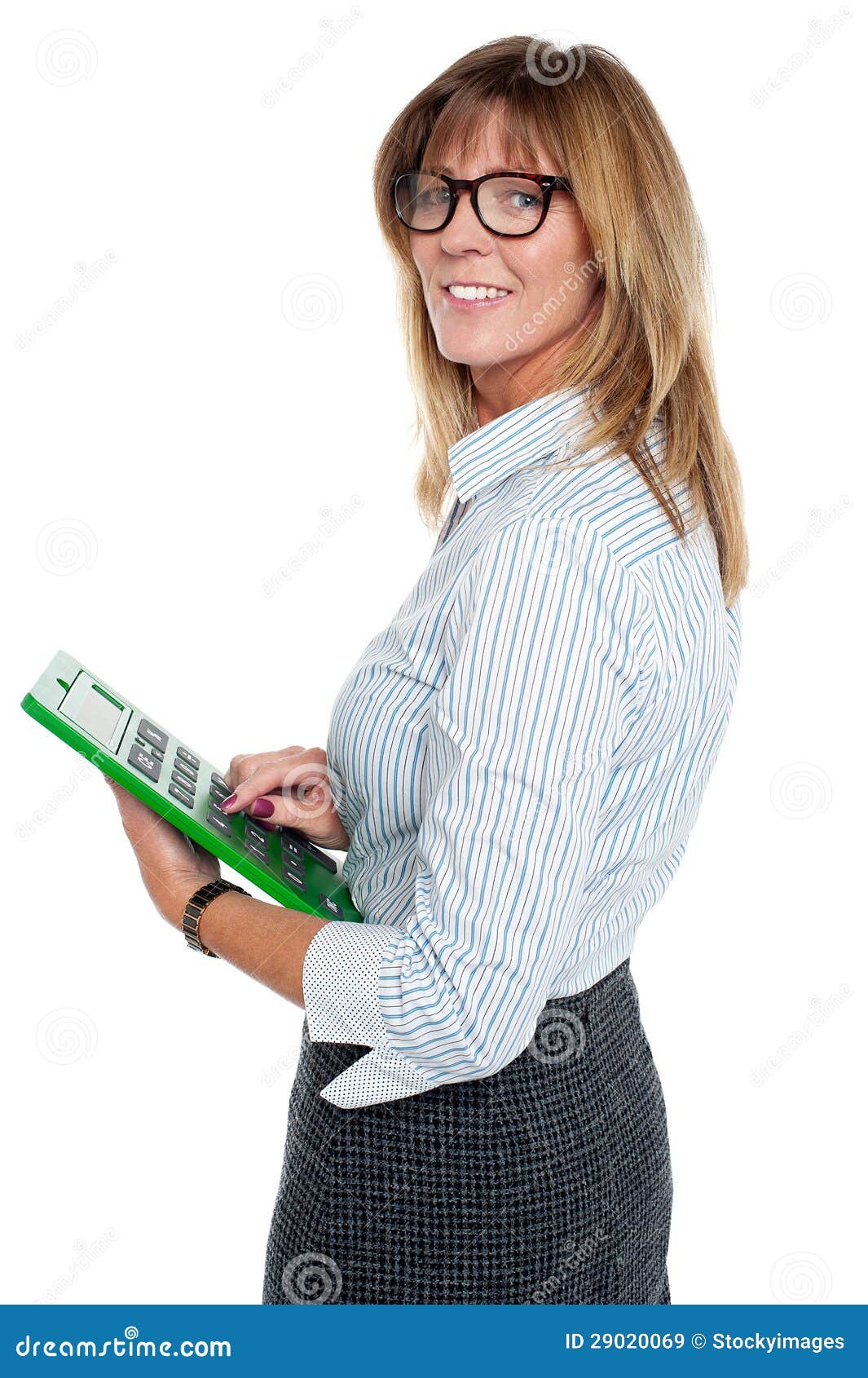 Corporate Lady Using Big Green Calculator Stock Image - Image of ...