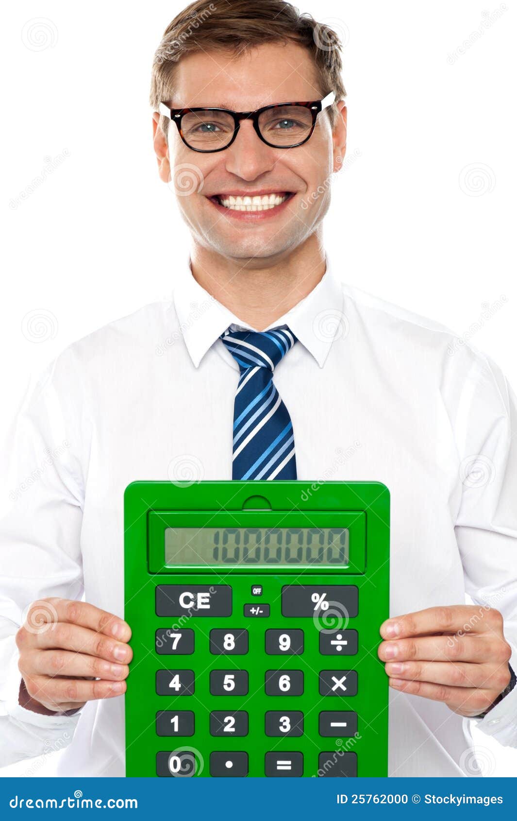 Corporate Man Showing Big Green Calculator Stock Photo - Image of ...
