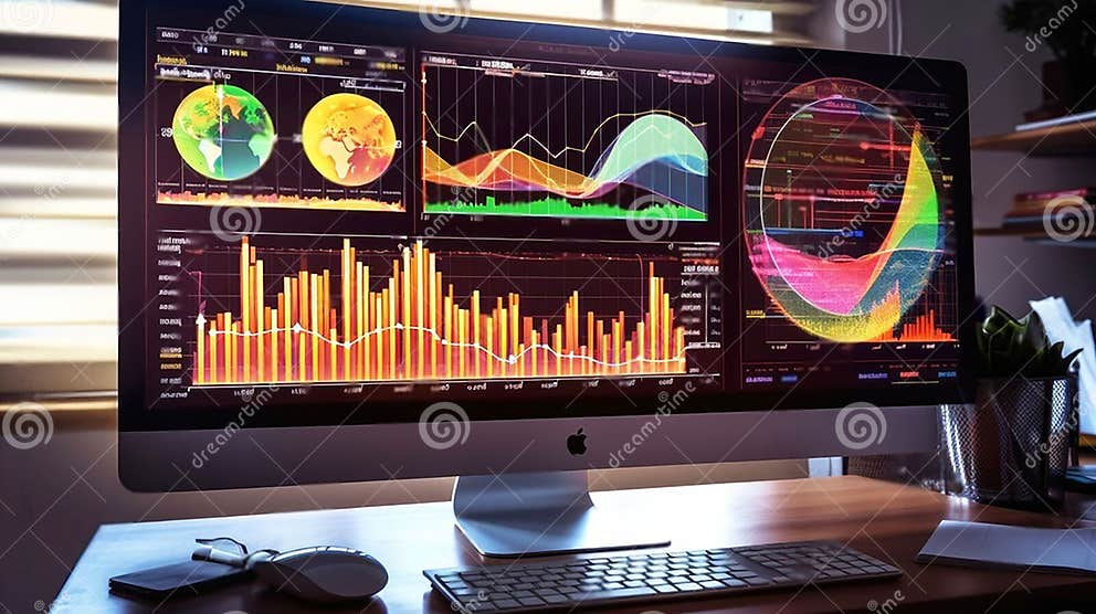 Corporate Office Computer Screen Displaying Financial Reports and Graphs Stock Illustration ...