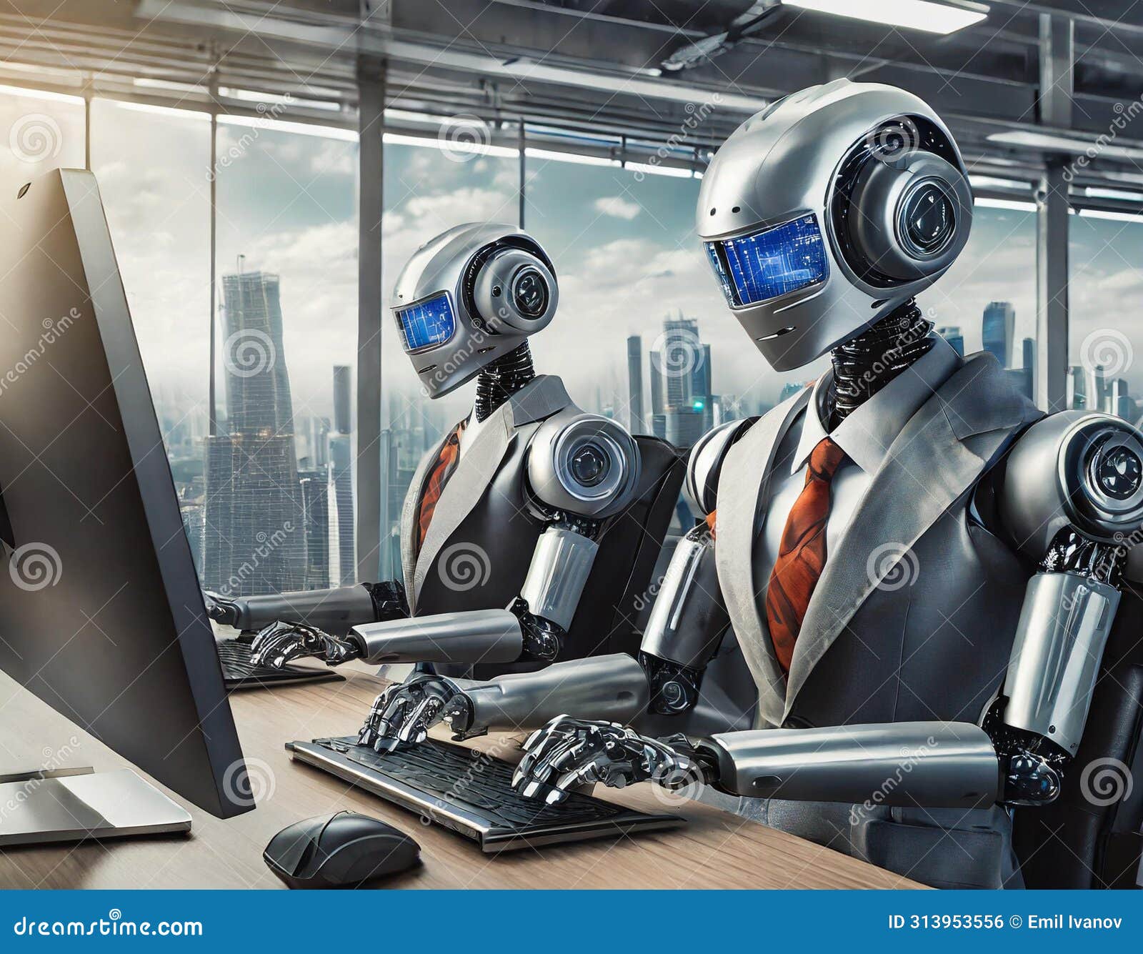Corporate Robots at Work in Modern Office Stock Illustration ...