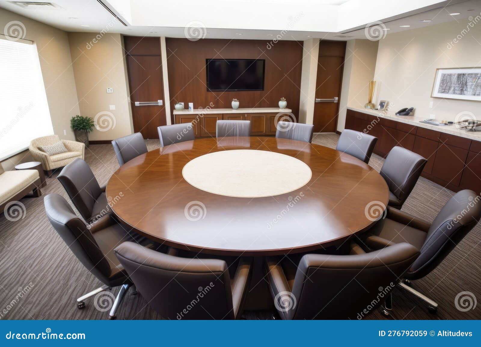 Corporate Room with Large Round Table and Chairs for Team Brainstorming ...