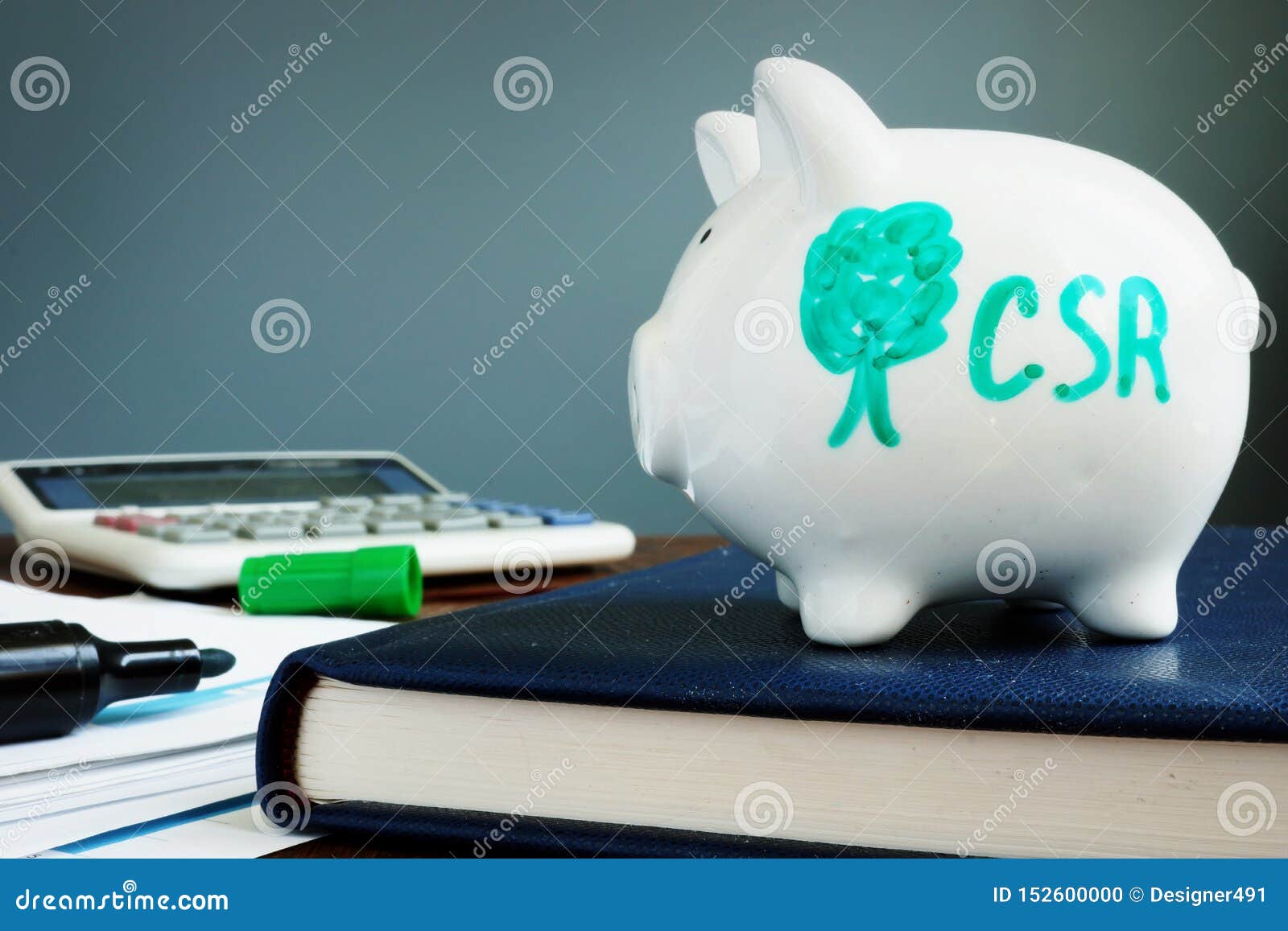 Corporate Social Responsibility CSR. Piggy Bank and Documents Stock ...