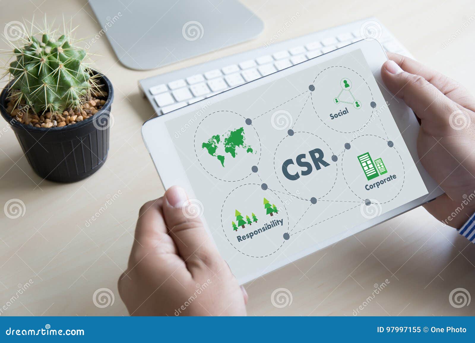 Corporate Social Responsibility Concept, Young Man Holding A Tab ...