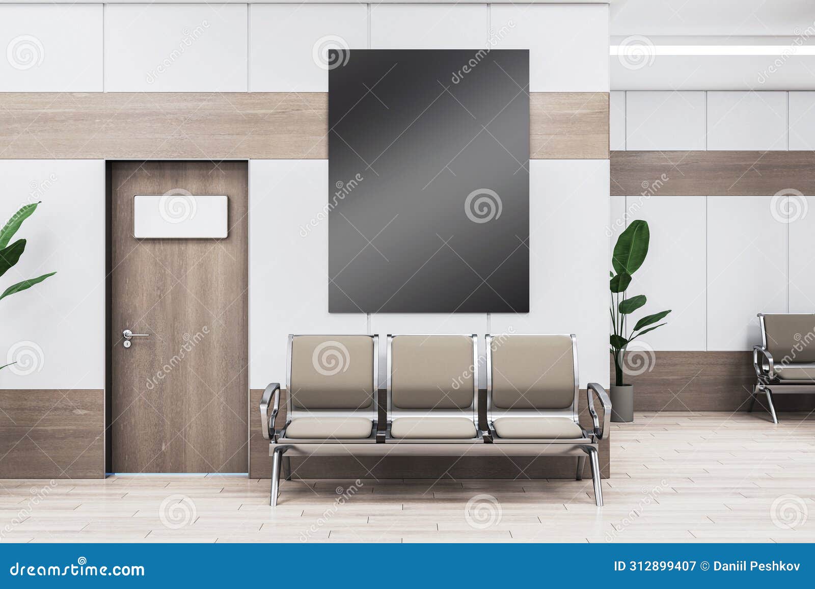 Corporate Waiting Area with Dark Grey Matte Poster and Wooden Elements ...