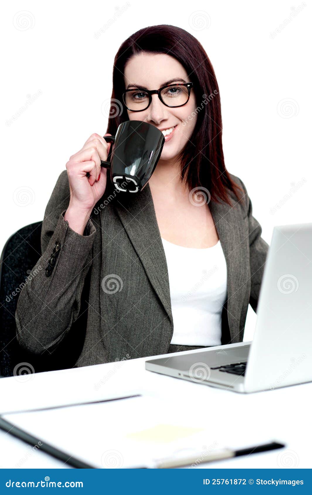 Corporate Woman Enjoying Coffee at Work Desk Stock Photo - Image of ...