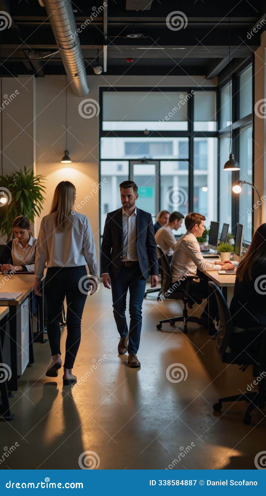Corporate Workers Moving through Open Coworking Space Sharing Desks ...