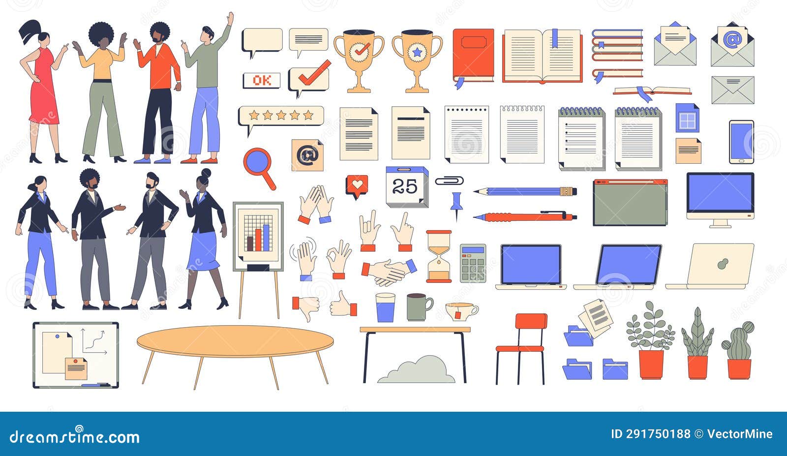 Corporate Workplace And Office Elements In Retro Tiny Person Collection Set Stock Vector