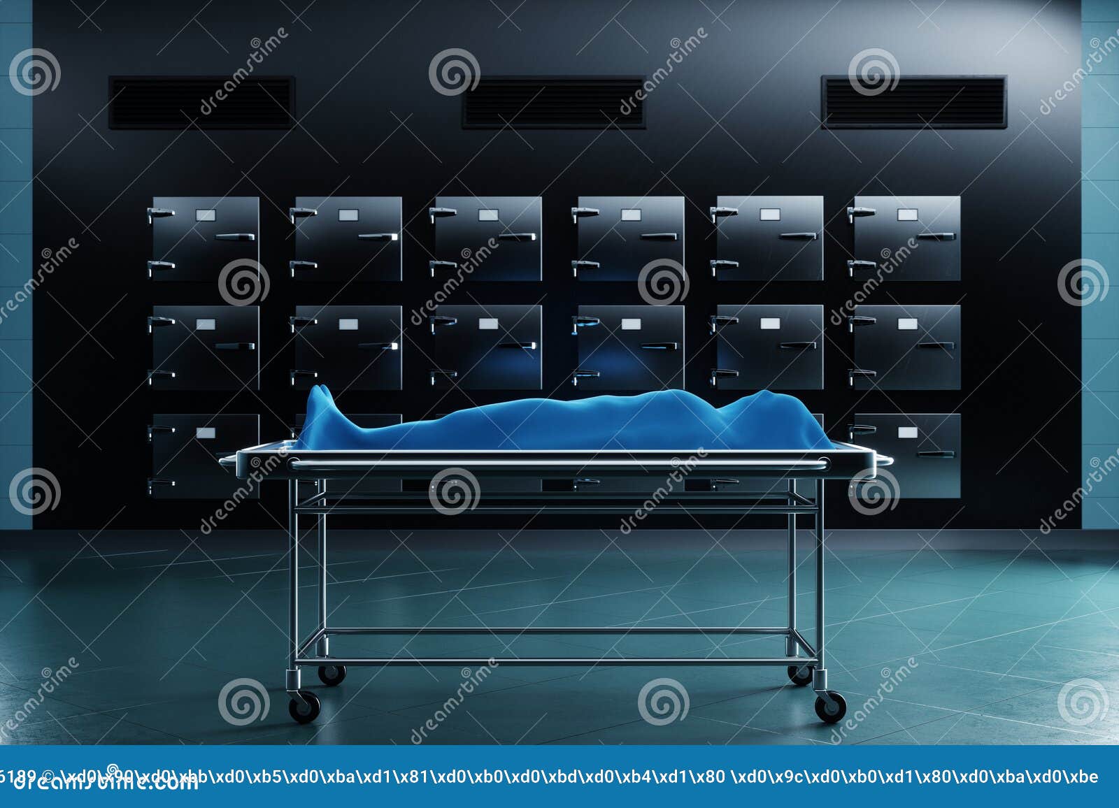 A Corpse Covered with a Blue Cloth on a Table in a Morgue Against the ...