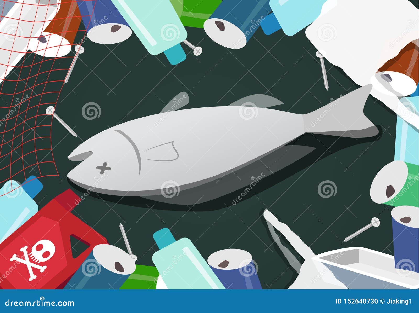 Corpse Fish In Pile Of Junk At Sea Pollution Vector Illustration ...